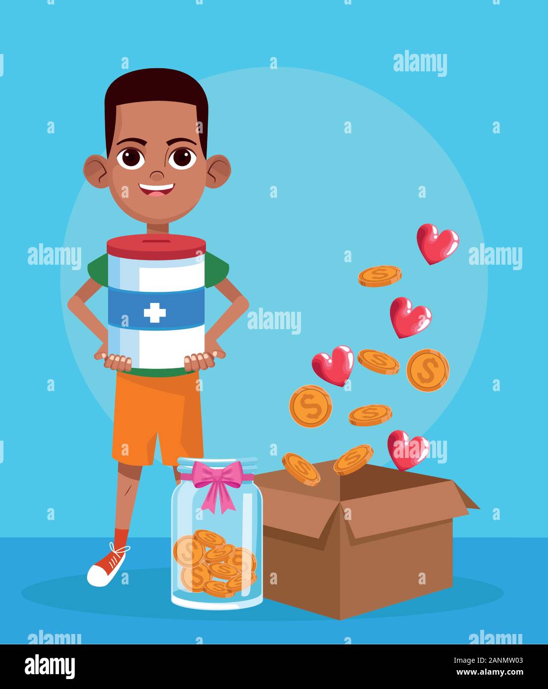 cartoon boy with donation tin, bottle with coins and box Stock Vector ...