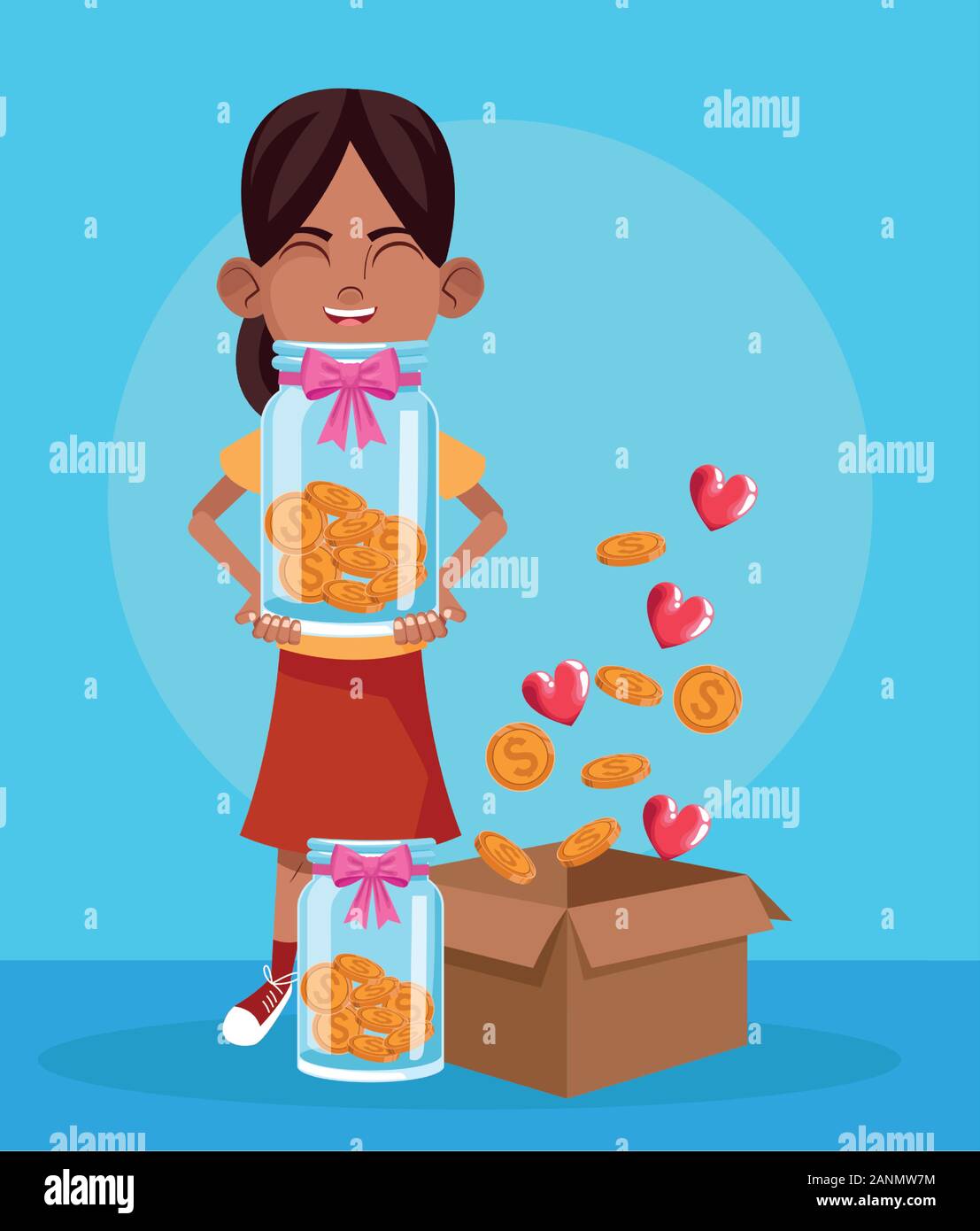 cartoon girl with bottles with money coins and box with coins and ...