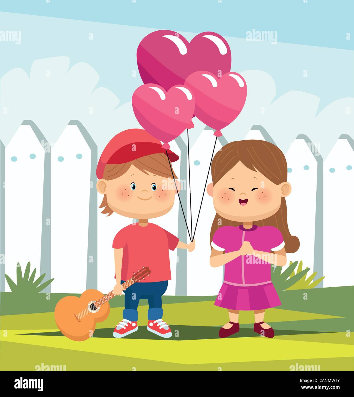 cartoon boy in love holding a guitar and giving to his girlfriend heart ...