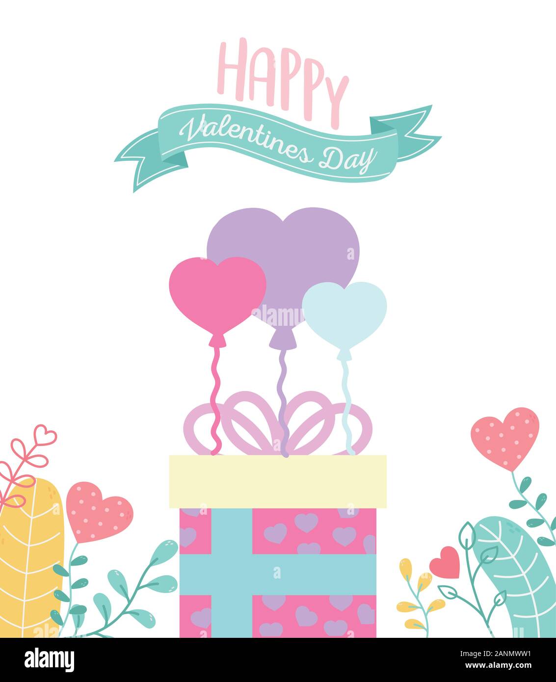 happy valentines day, gift box with balloons shaped hearts foliage ...
