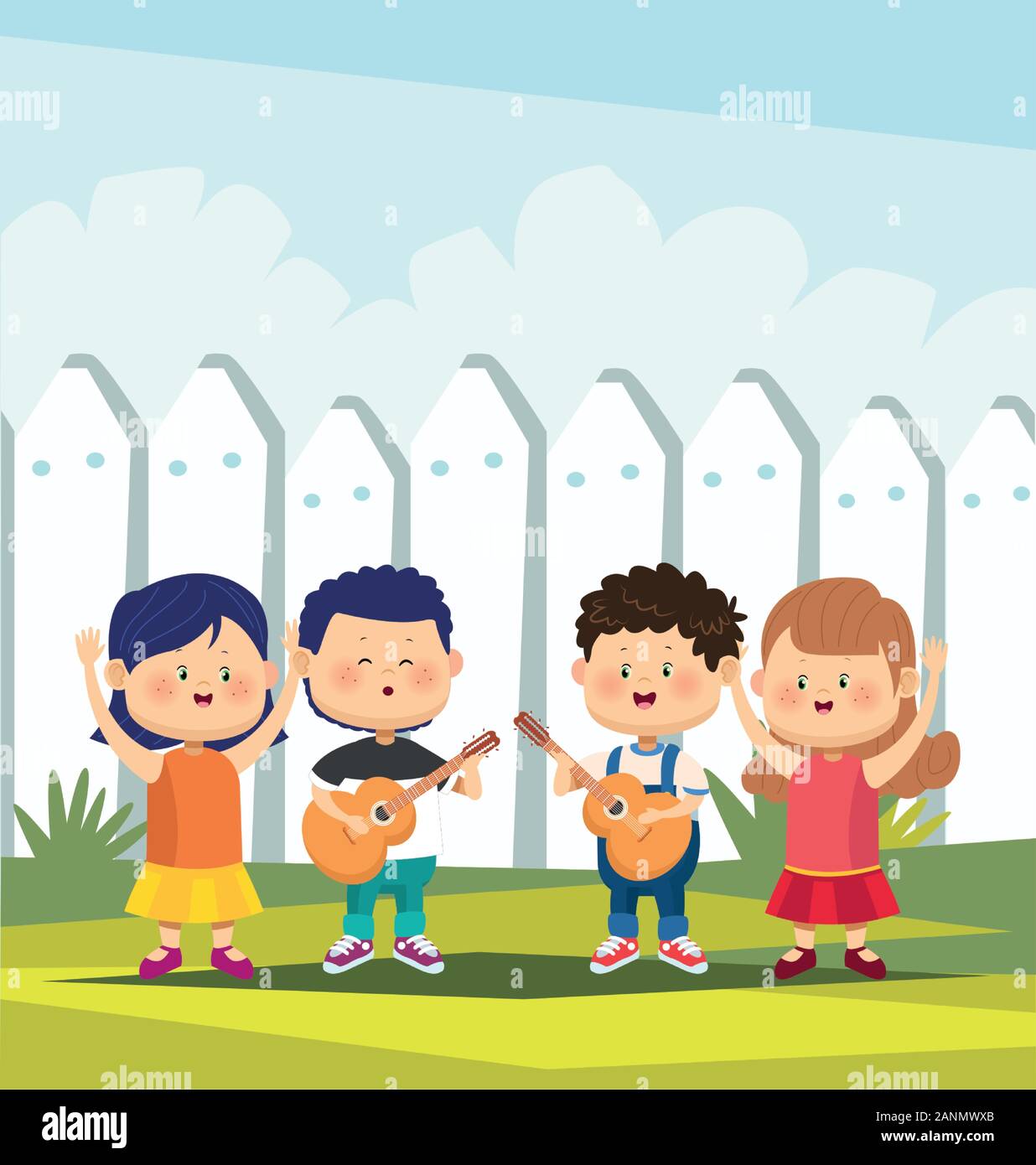 cartoon two boys playing guitars and two happy girls, colorful design ...