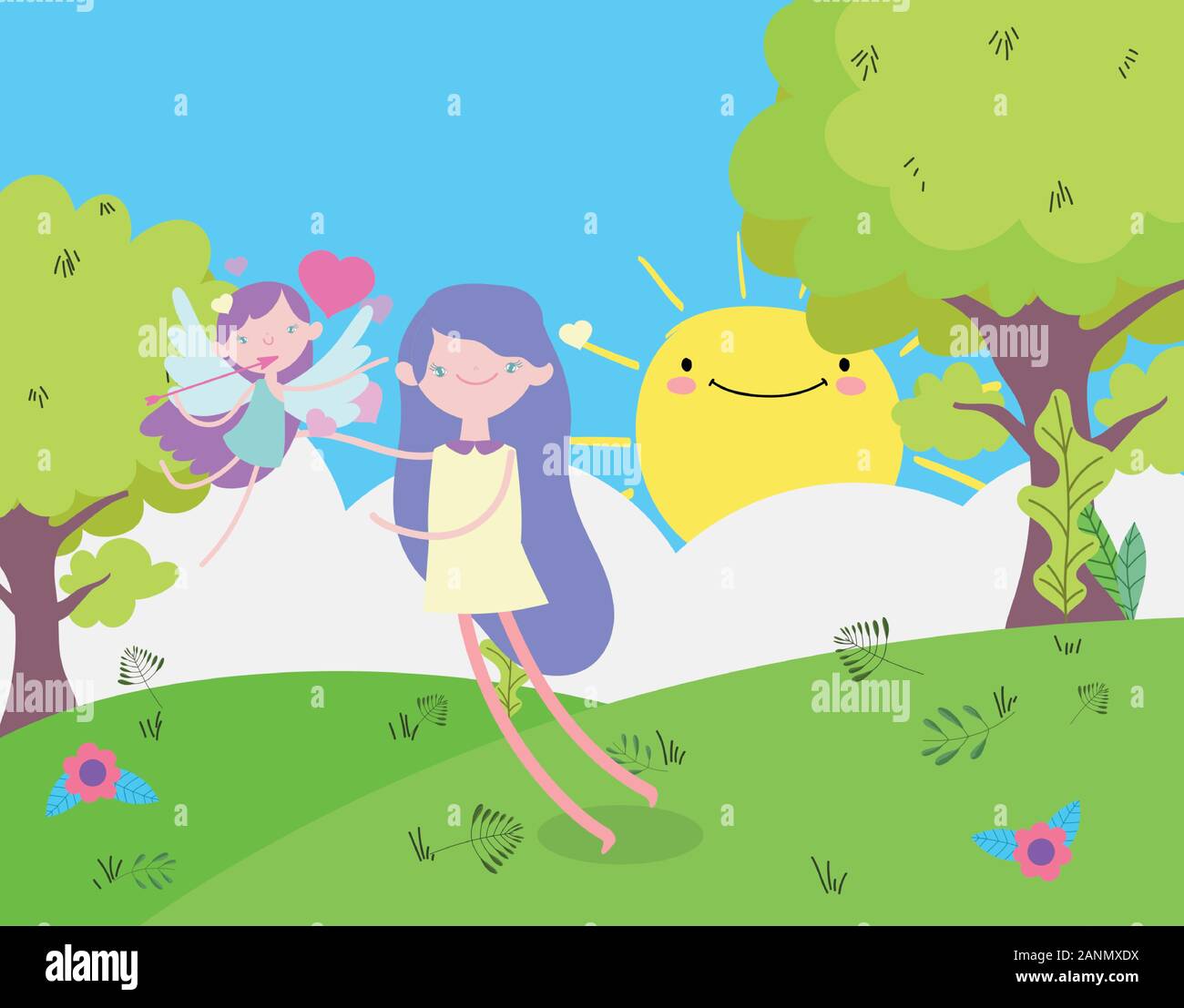 happy valentines day, beautiful girl and flying little cupid with arrow ...