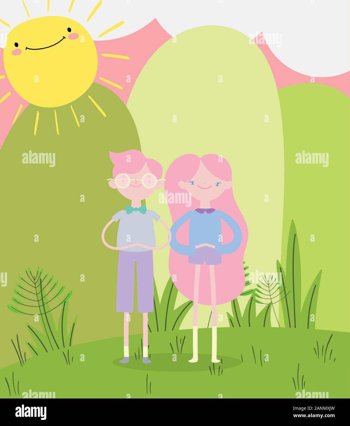 happy valentines day, smiling young couple standing grass sunny day ...