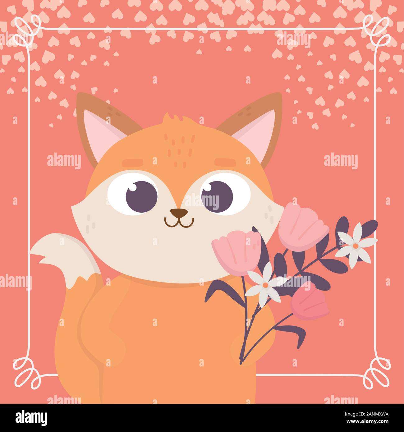 Happy Valentines Day Cute Fox Cartoon With Flowers Decoration