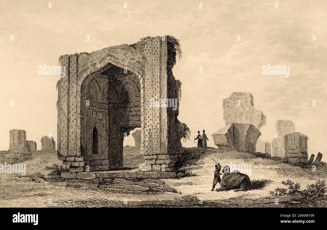 Ruins of an old mosque, Tabriz (Tauris), Iran. Old steel engraved ...