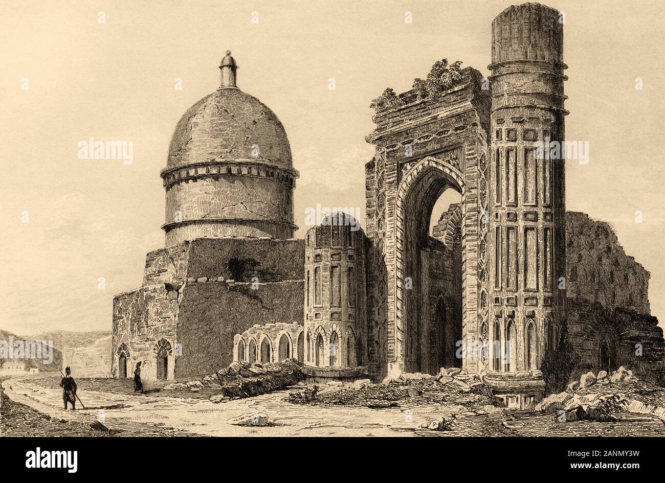 Old outdoor mosque at Soltaniyeh. Iran. Old steel engraved antique ...