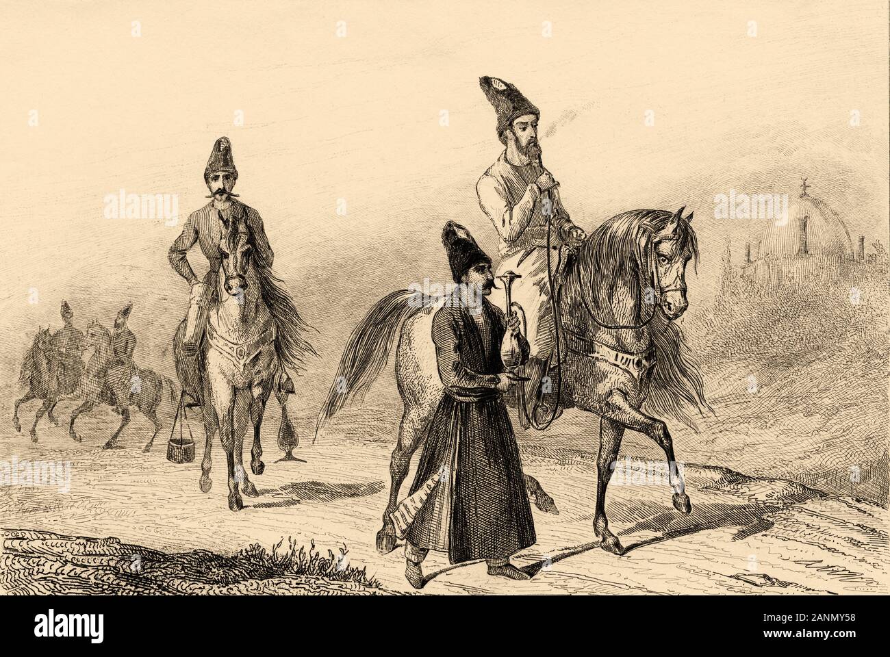 Persian men smoking the narguile on horseback. Iran. Old steel engraved ...