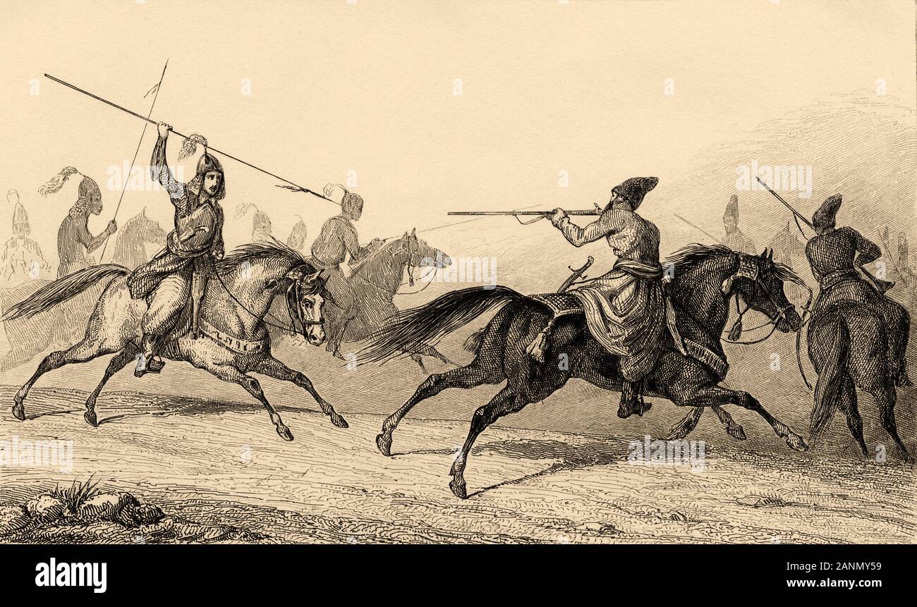 Key-Kadj. Exercise of KeyKadj cavalry. Iran. Old steel engraved antique ...