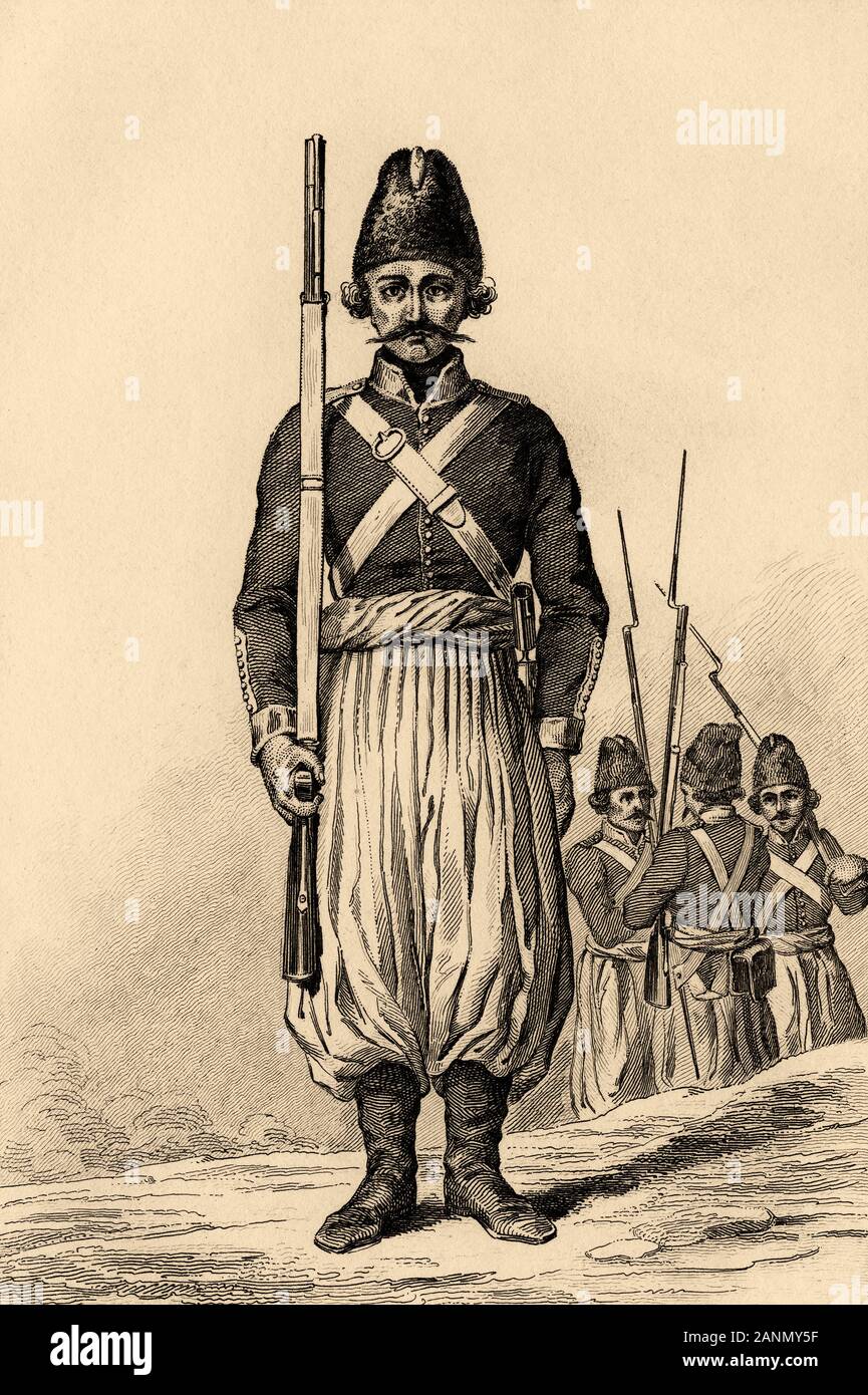 Persian soldiers with uniform and weapons, 19th century. Iran. Old ...