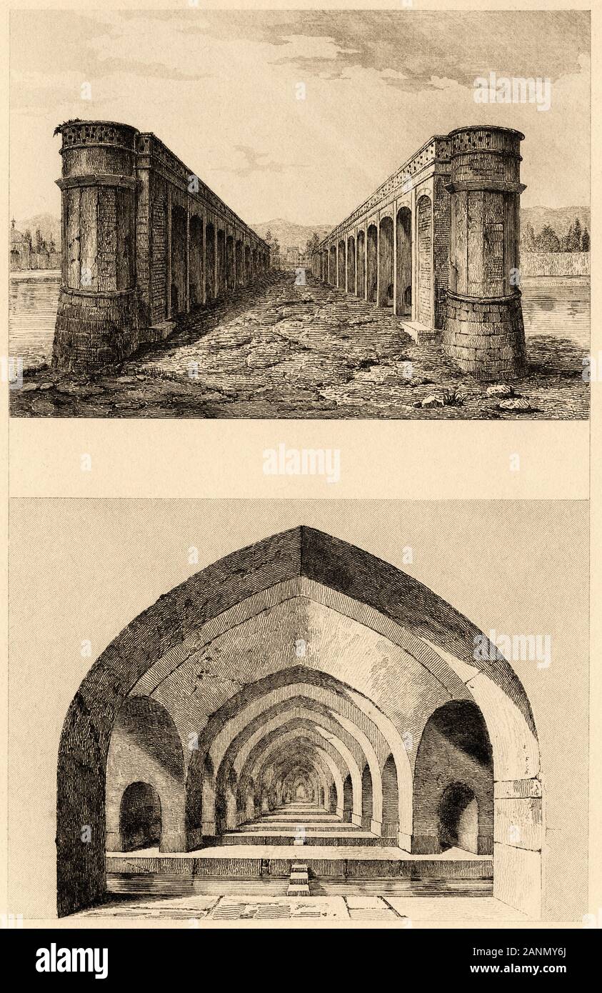 The Allahverdi Khan Bridge, Isfahan. Iran. Old steel engraved antique ...