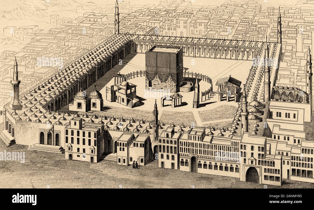 Great Mosque of Mecca. History of Saudi Arabia. Old engraving published ...