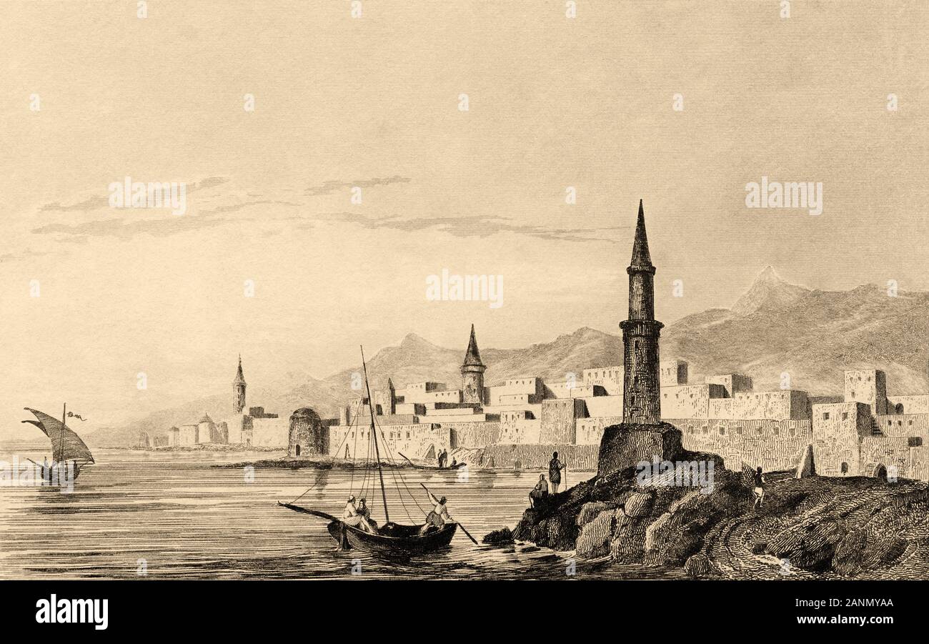 Panoramic of Jeddah city. History of Saudi Arabia. Old engraving ...
