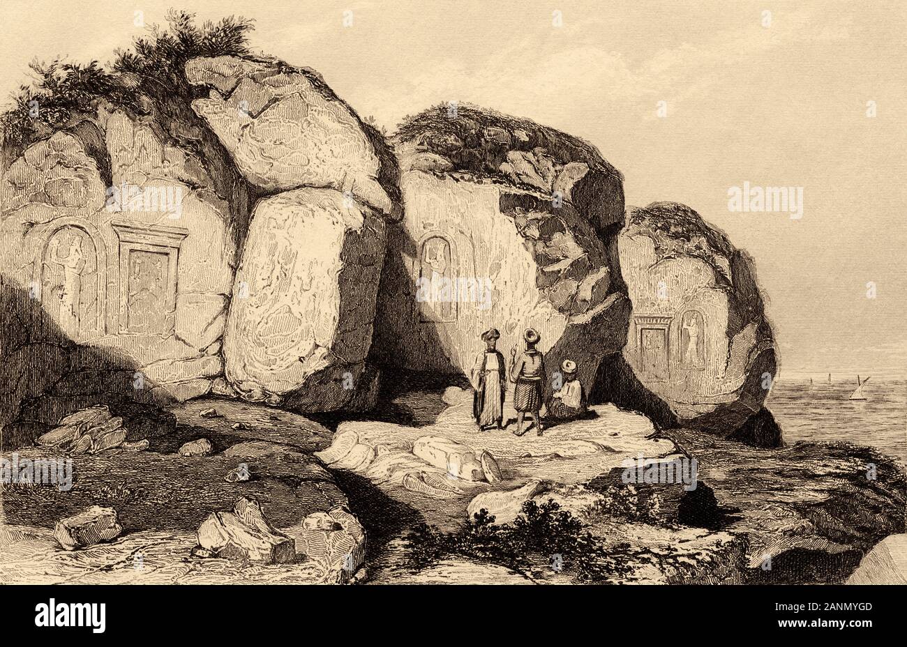 Rock carvings in Beirut, Lebanon. Old engraving by Lemaitre published ...