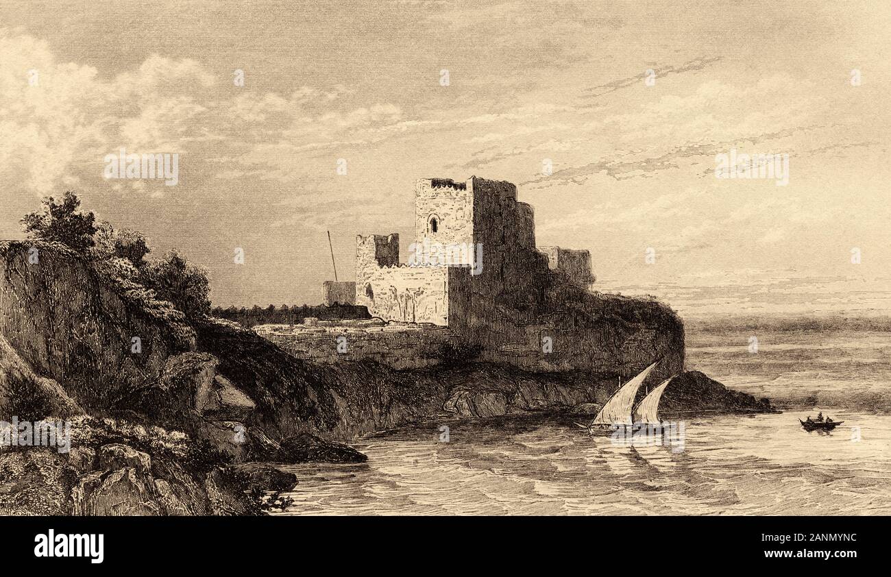 Fort at the entrance to the port of Beirut, Lebanon. Old engraving by ...