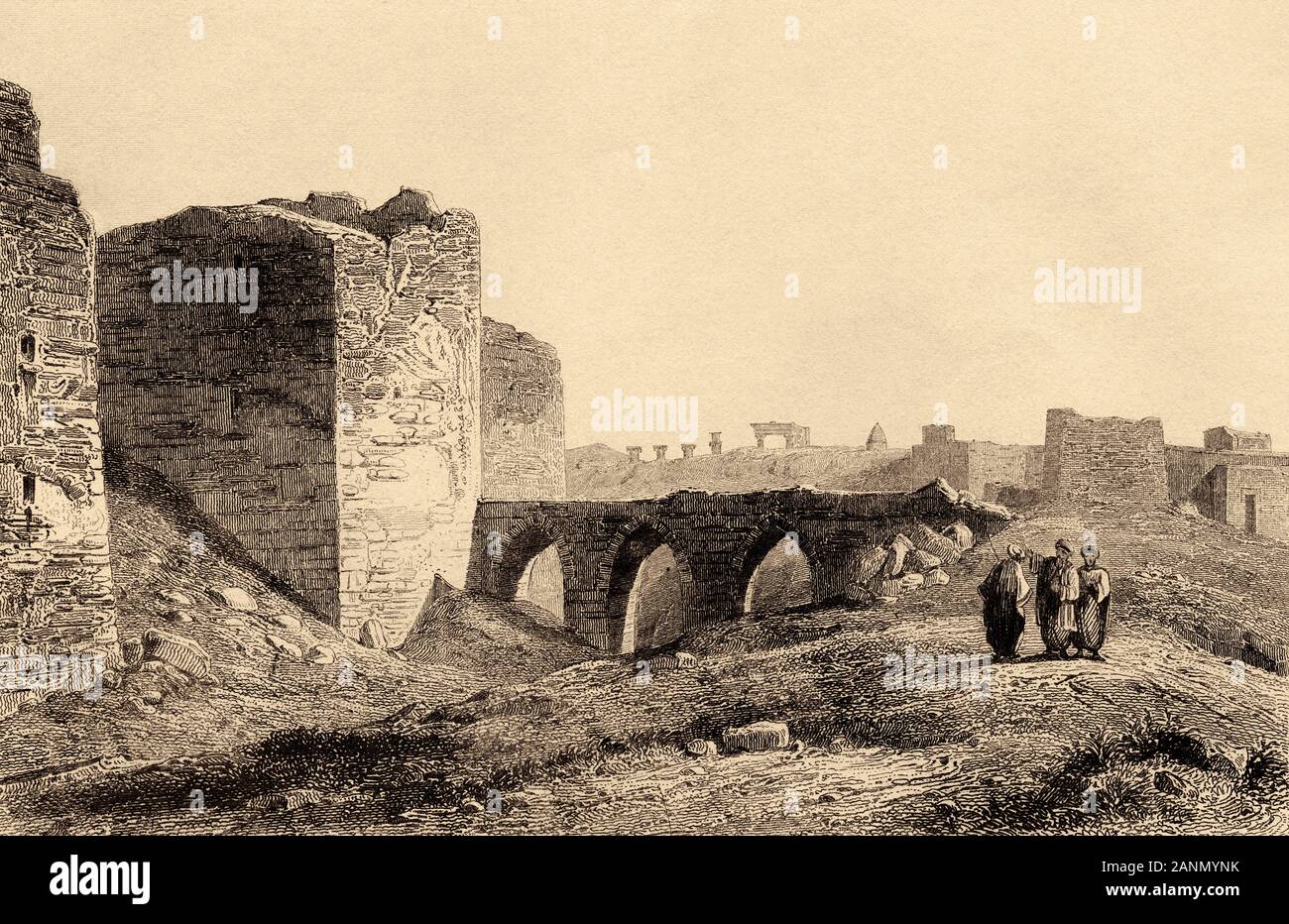 Walls of Bosra, Syria. Old engraving by Lemaitre published in L'Univers ...