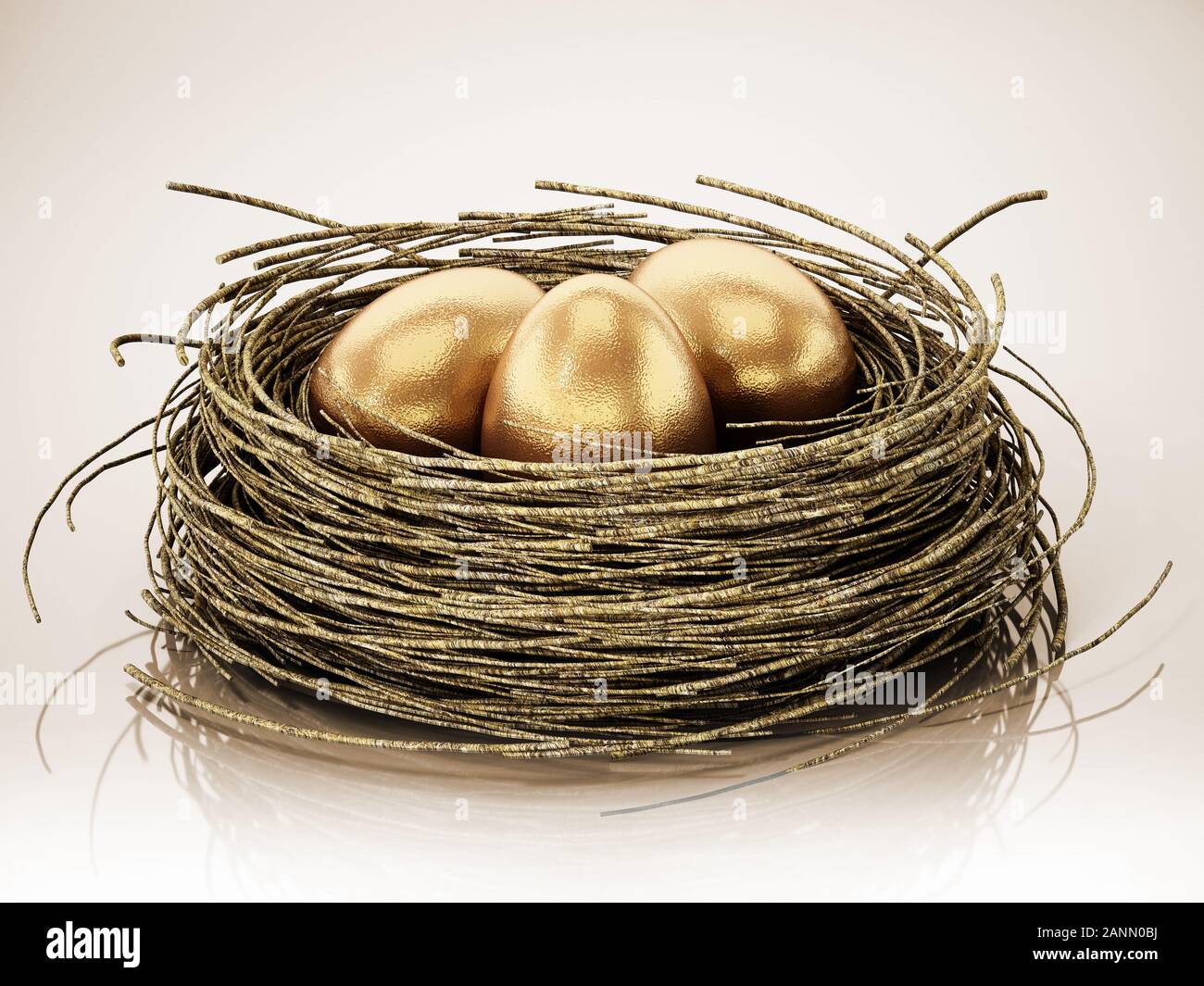 Gold eggs inside bird nest. 3D illustration Stock Photo - Alamy