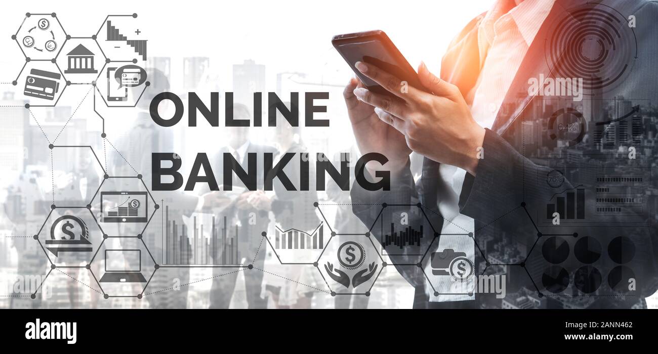 Business people using online banking on application in mobile phone ...