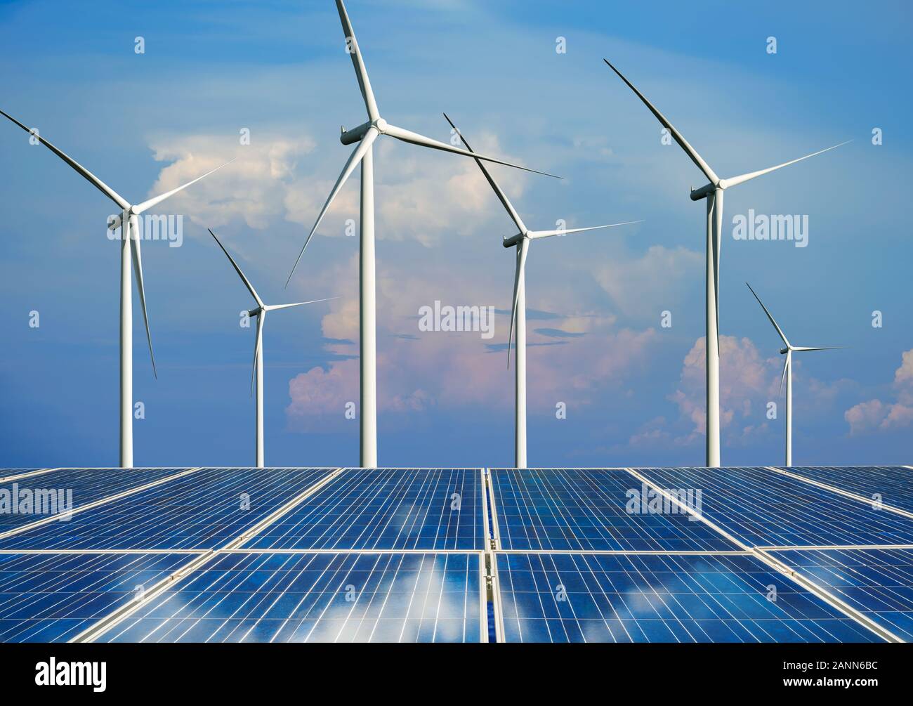 Solar energy panel photovoltaic cell and wind turbine farm power ...