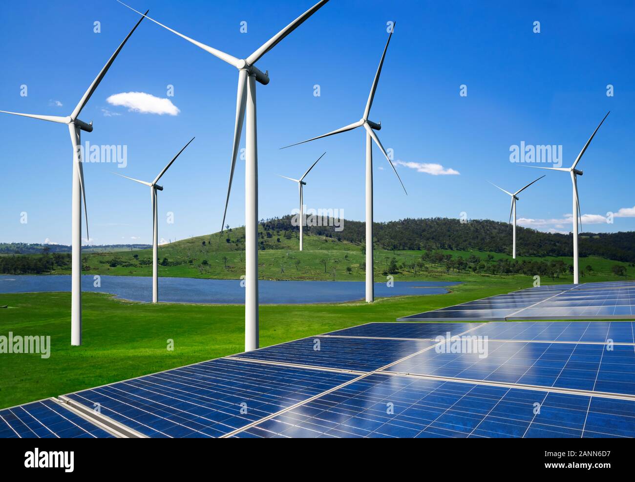 Solar energy panel photovoltaic cell and wind turbine farm power ...