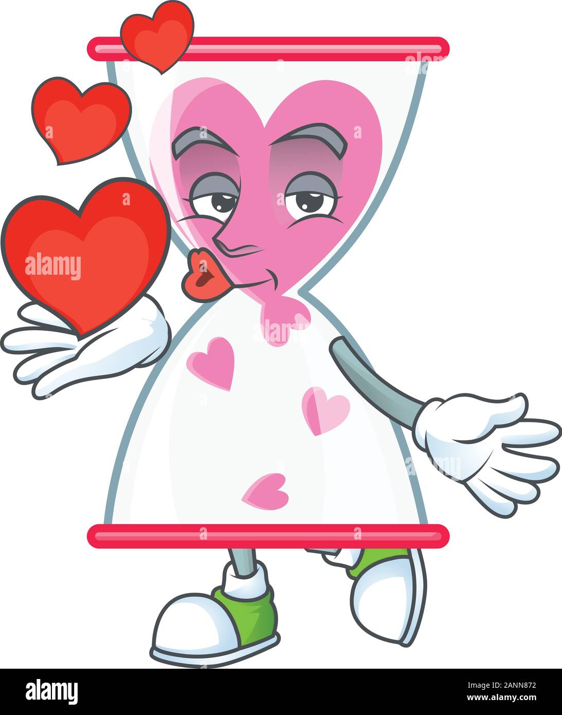 Funny Face love clock sand cartoon character holding a heart Stock ...