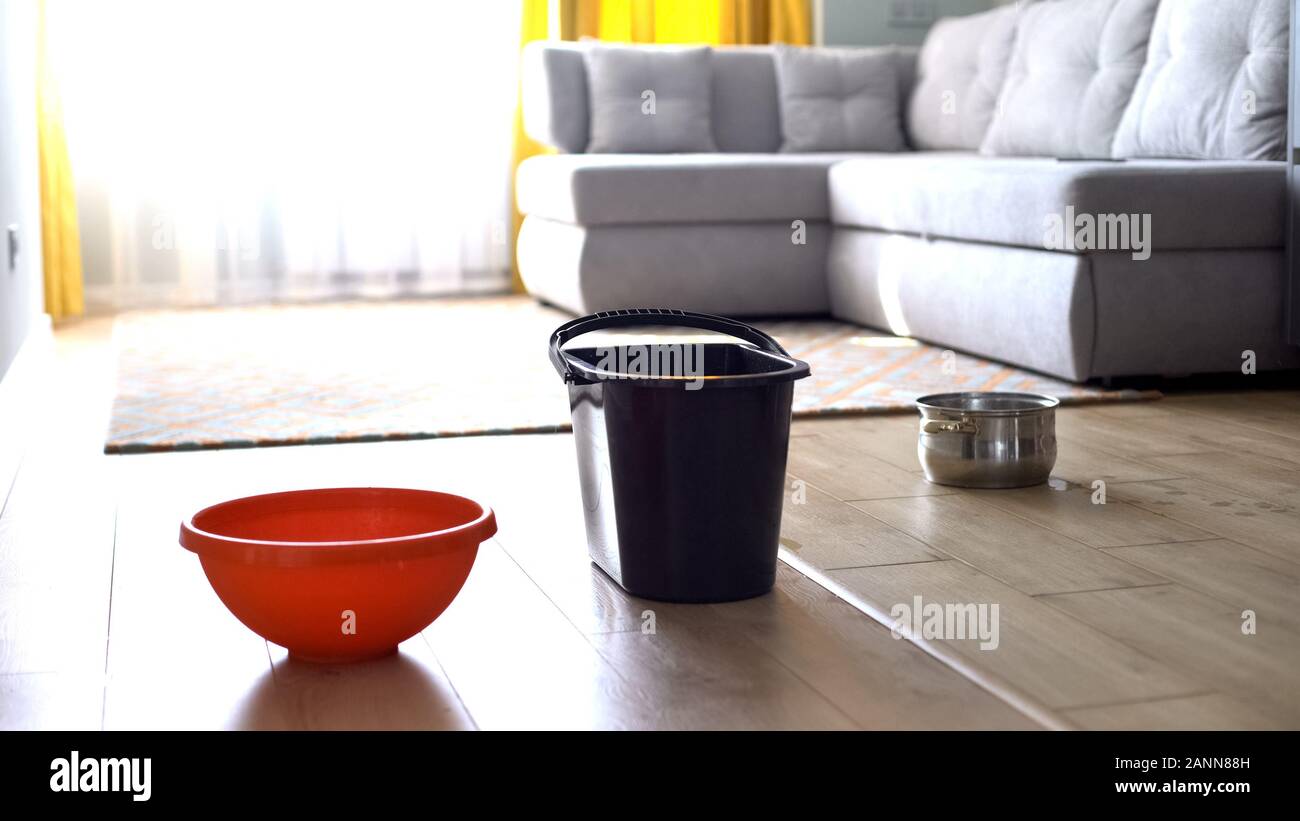 Water dropping in bucket and dishes from ceiling, risk of shingles ...