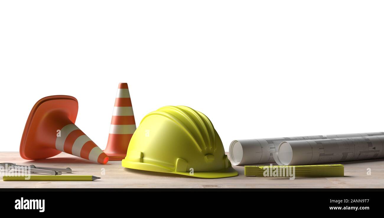 Project construction blueprints and engineering tools on wooden desk ...