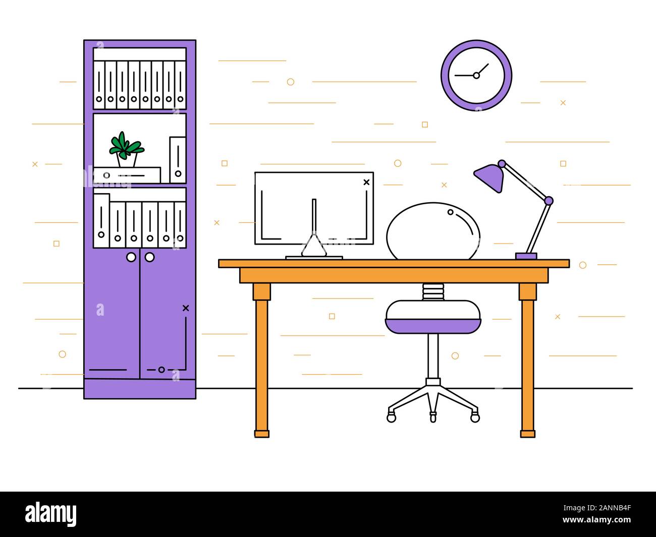 Office in a linear style. Workplace with a computer. Vector Stock ...