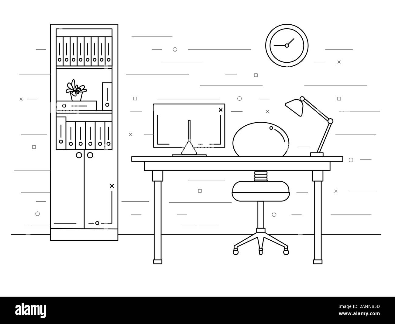 Office in a linear style. Workplace with a computer. Vector Stock ...