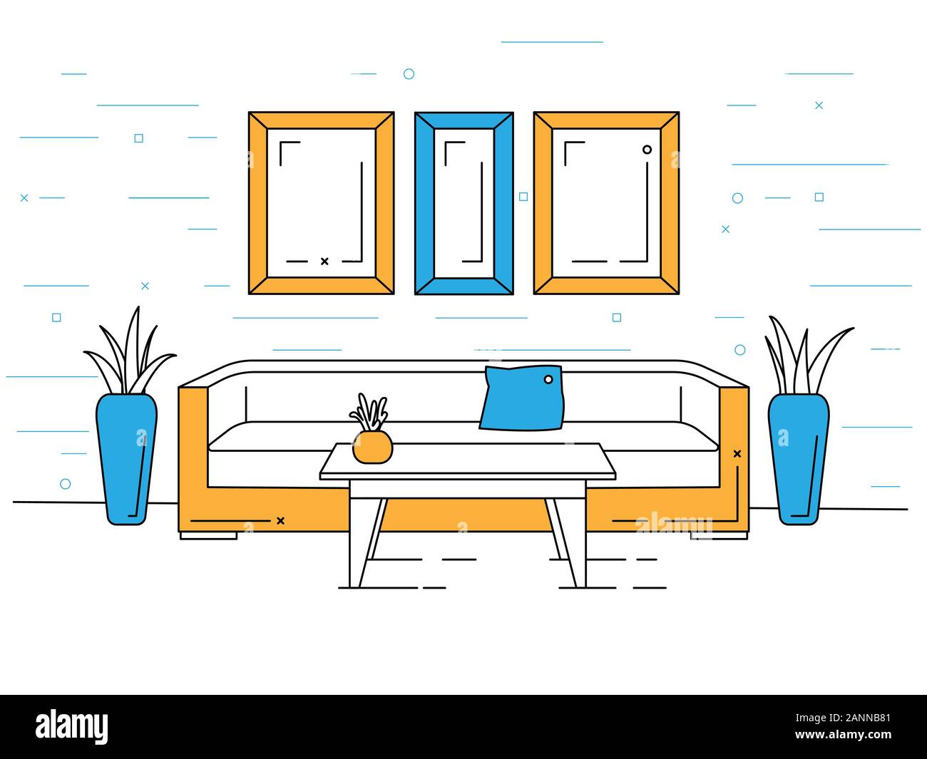 Linear interior. Sofa, table, plants. Vector illustration in a linear ...