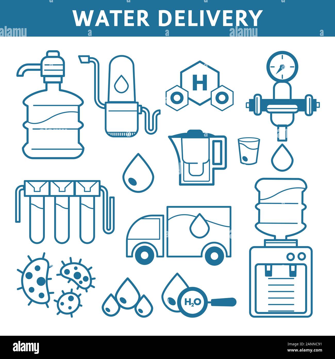 Shipping and transportation, water delivery isolated outline icons ...