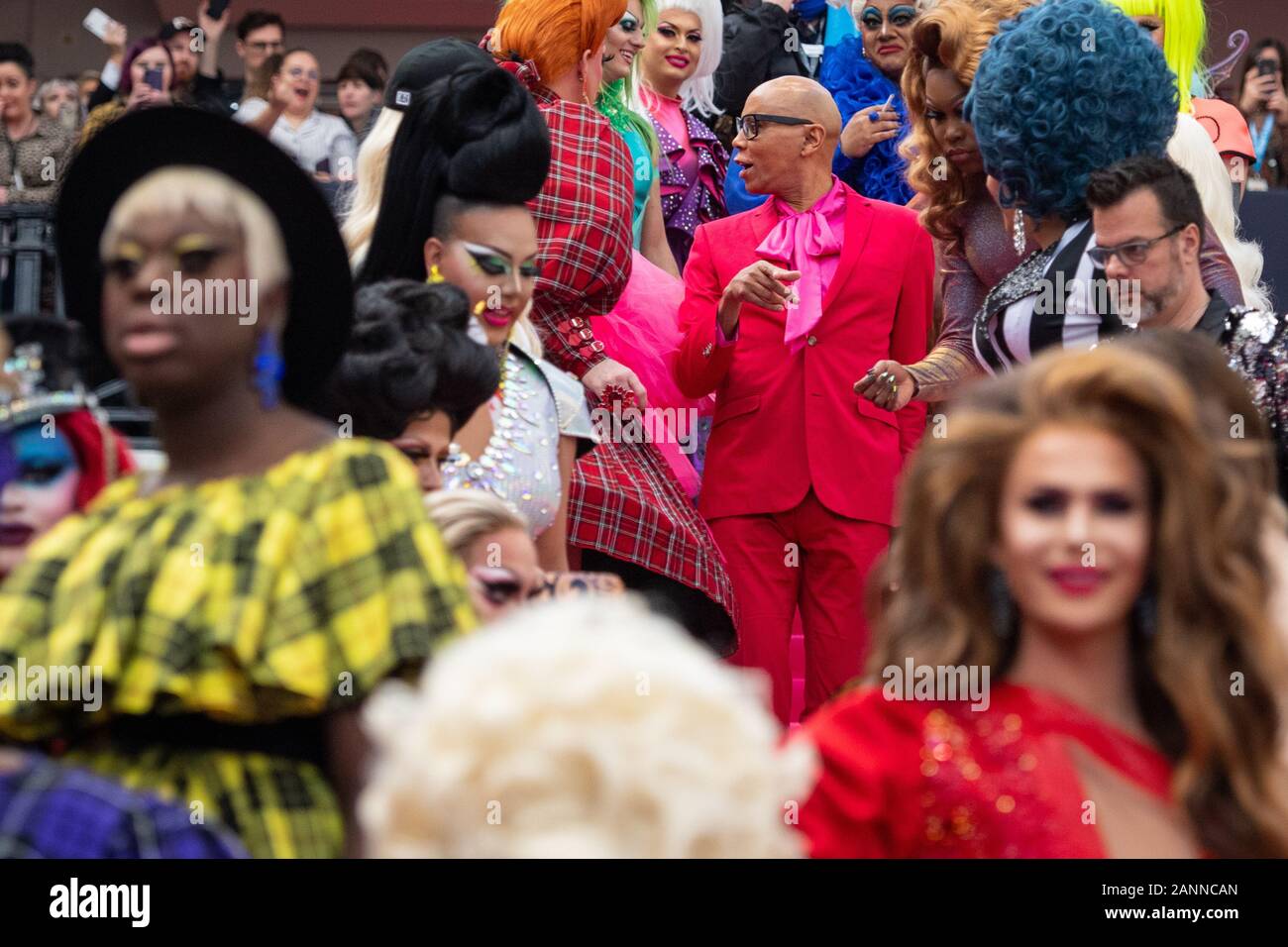 RuPaul (centre right) with performers at RuPaul's DragCon UK convention ...