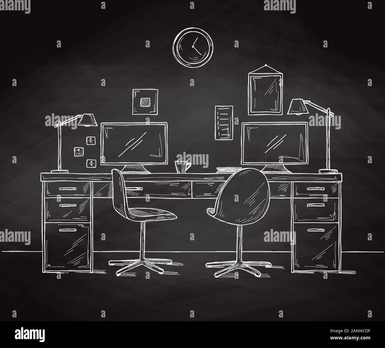 Sketch the room. Office chair, desk, various objects on the table ...