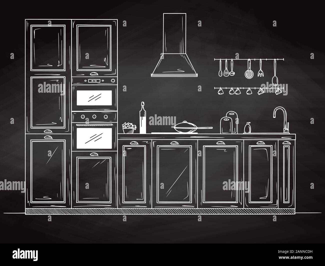 Sketch of the kitchen, front view. Vector illustration Stock Vector ...