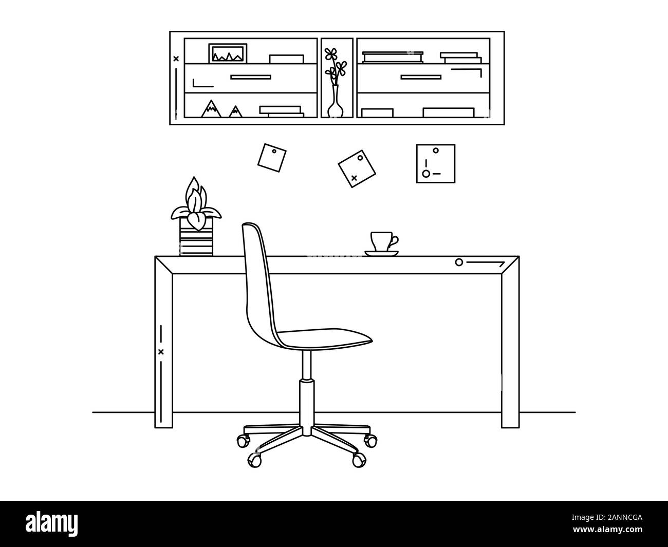 Office in a linear style. Workplace with a computer Stock Vector Image ...