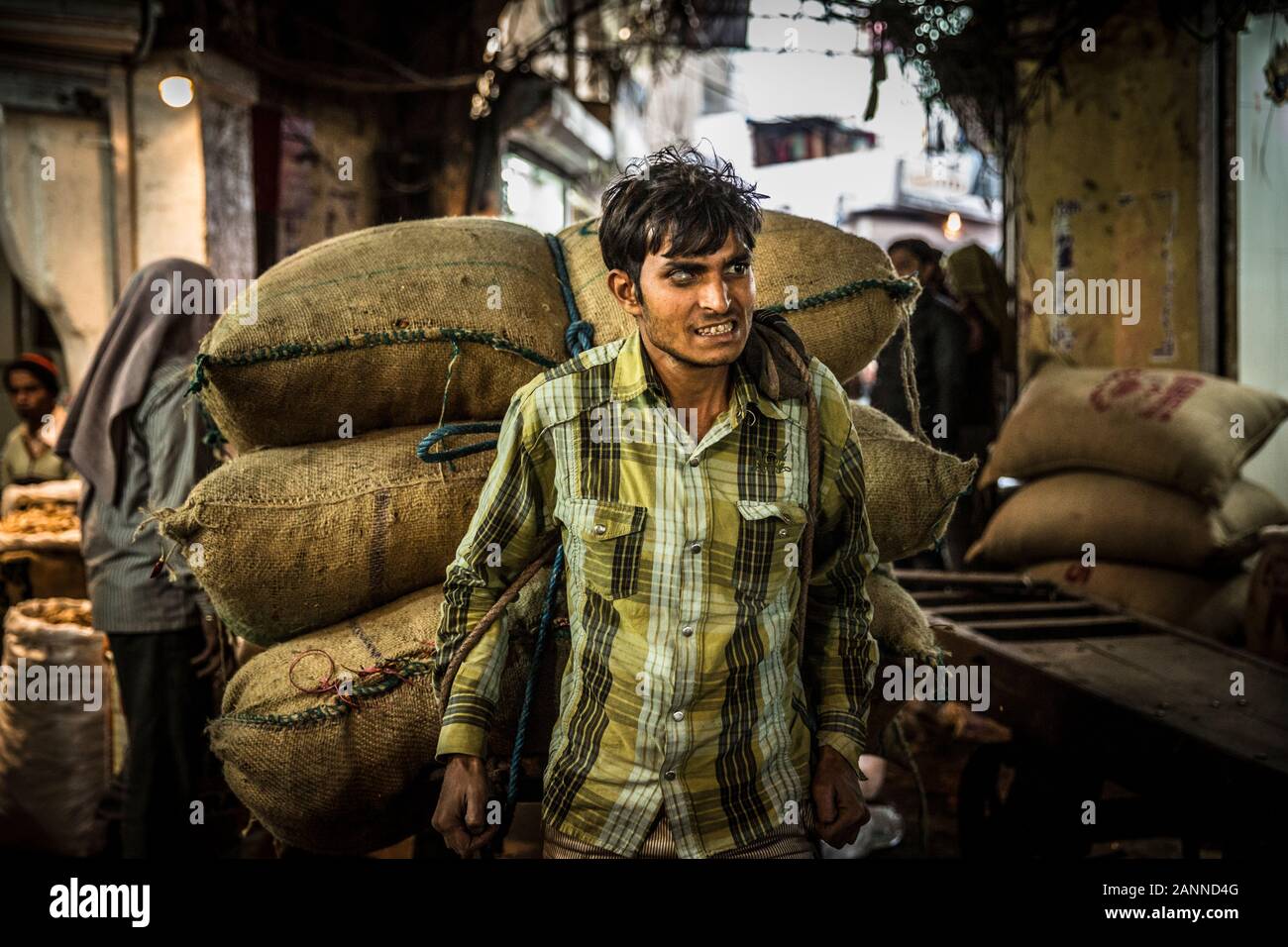 Man carrying a cart full of spices bags. New Delhi, India Stock Photo ...