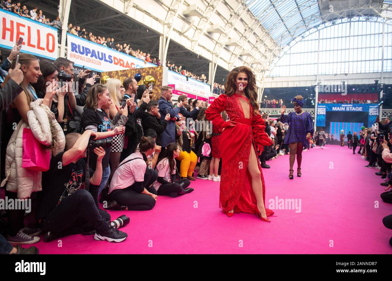 Drag queens take part in a catwalk show at RuPaul's DragCon UK convention at Olympia, Kensington ...