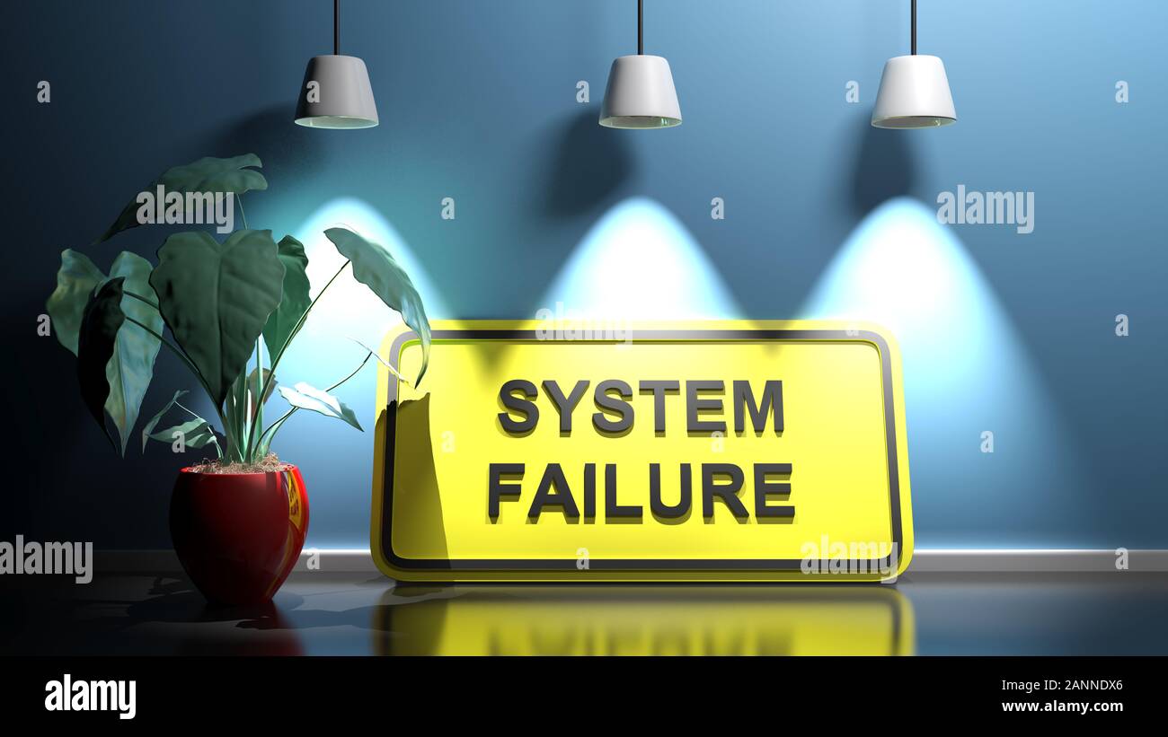 SYSTEM FAILURE yellow sign at blue wall -3D rendering illustration ...