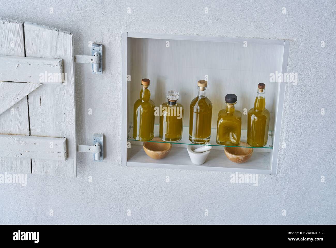 hous home design vintage wall shelf Olive oil bottle five bottles food ...