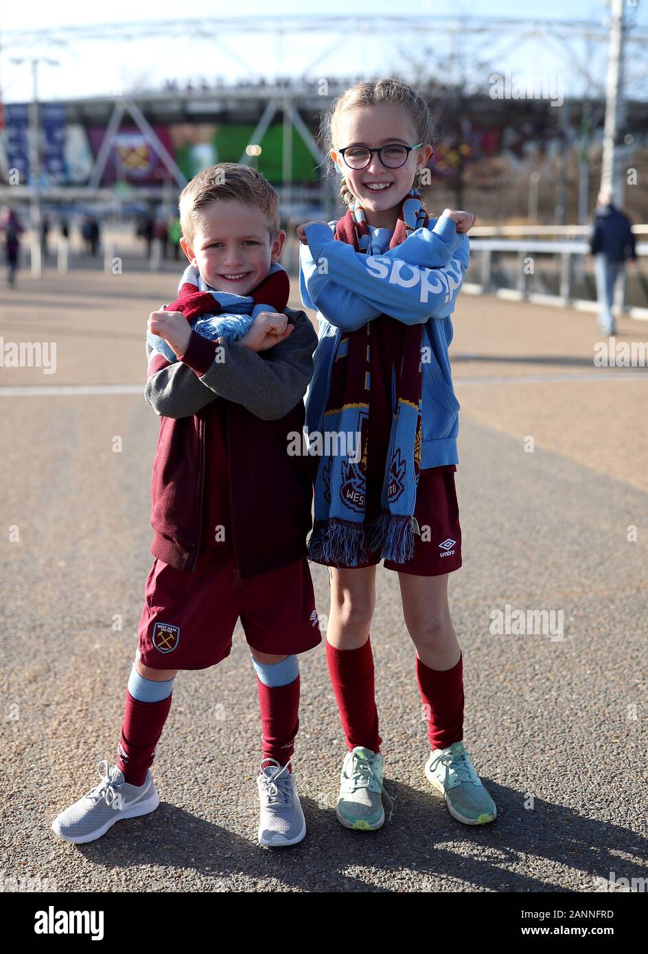Match day mascots Thomas (aged 6) and Poppy Wareham (aged 9) before the Premier League match at ...