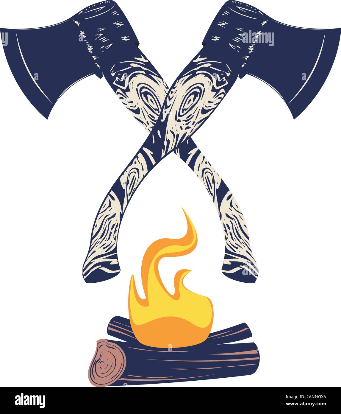 Grunge design of two crossed axes and campfire, retro style ...
