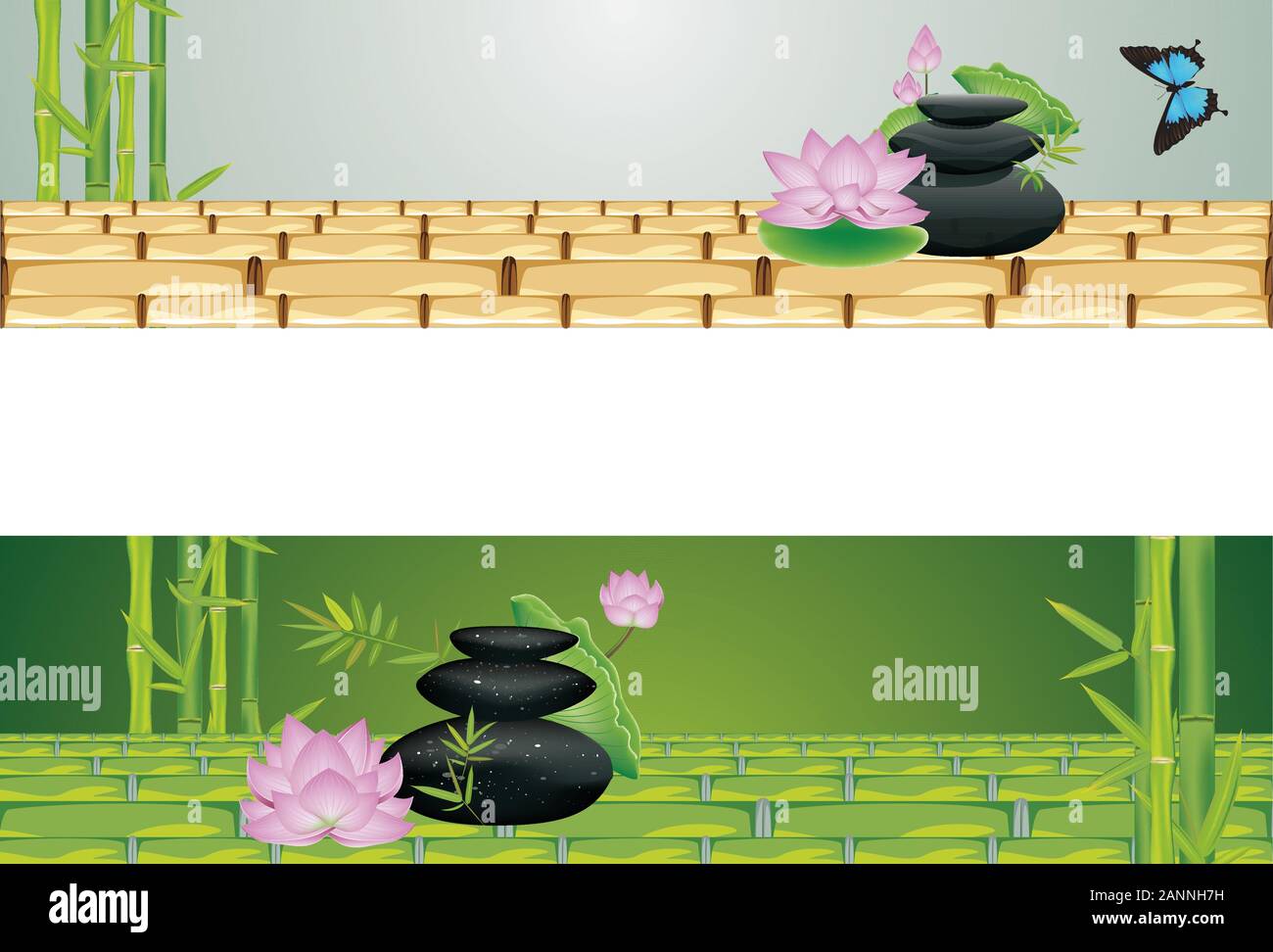 Black pebbles pile, zen stones heap with flower and bamboo banners on ...