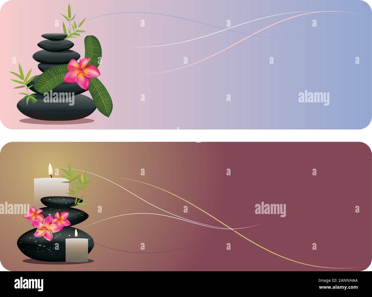 Black pebbles pile, zen stones heap with flower and bamboo banners on ...