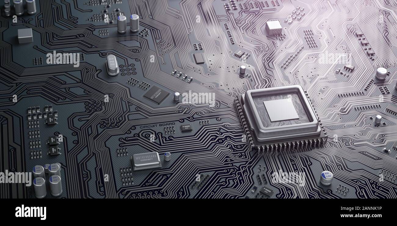 CPU chip on circuit board. Black motherboard with central processor ...