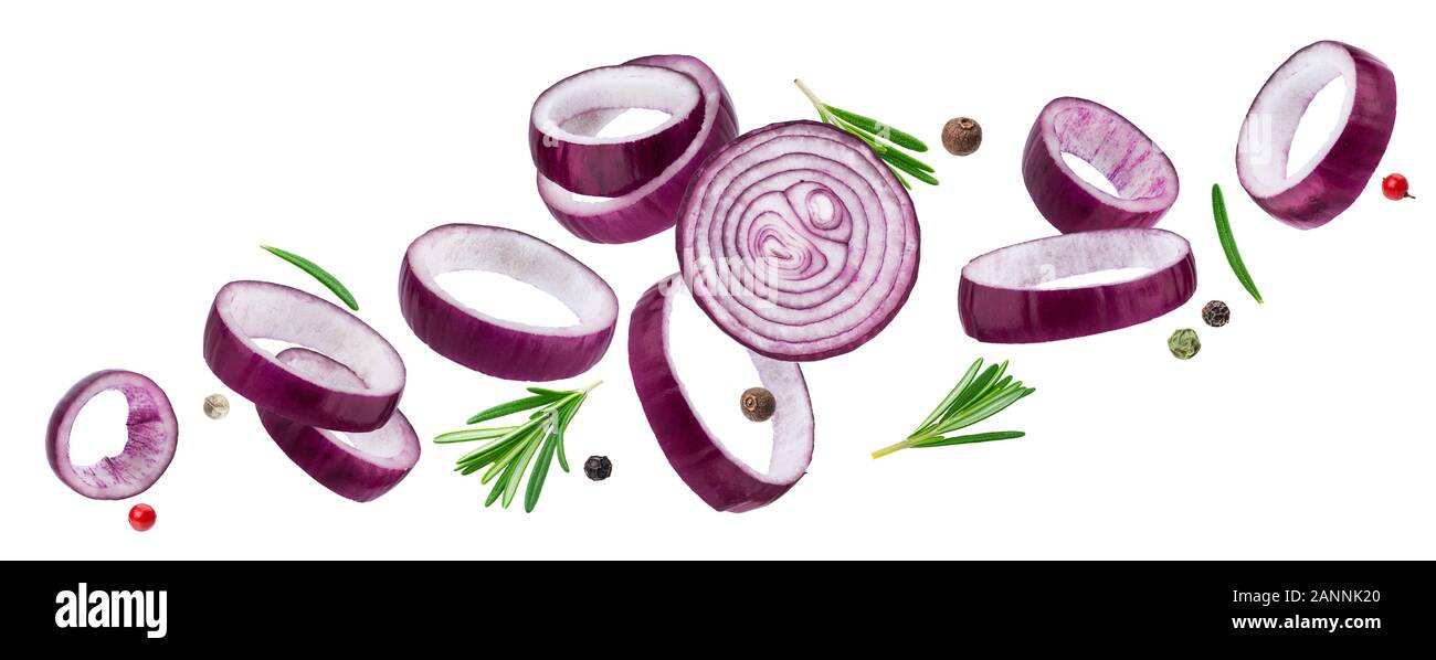 Falling sliced red onion rings isolated on white background with ...