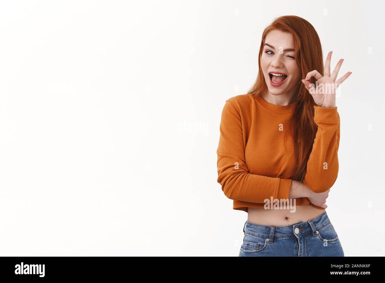 Cheerful Enthusiastic Redhead Silly Cheeky Woman Wink Cunning Show Okay