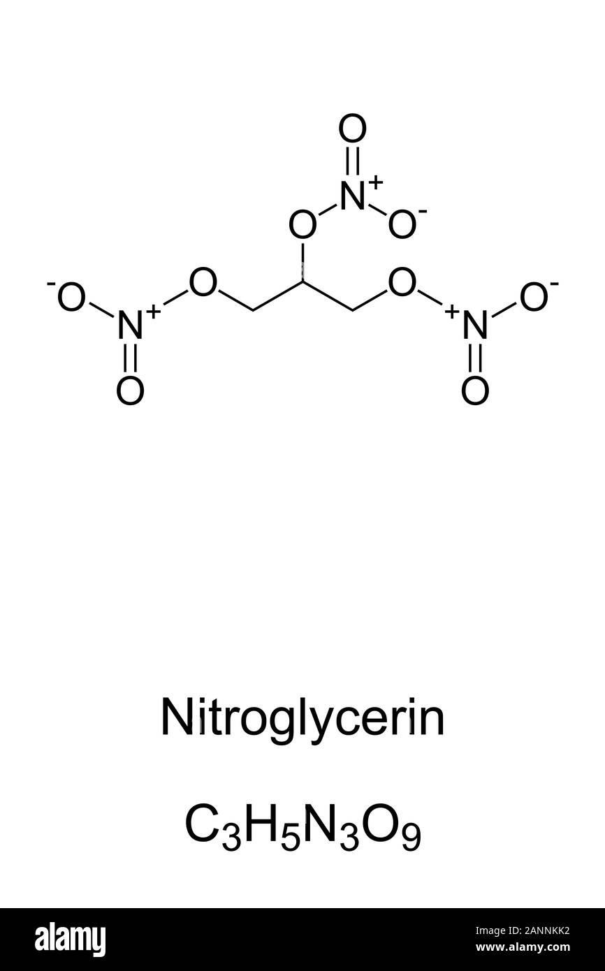 Nitroglycerin molecule skeletal formula. 2D structure of C3H5N3O9 ...