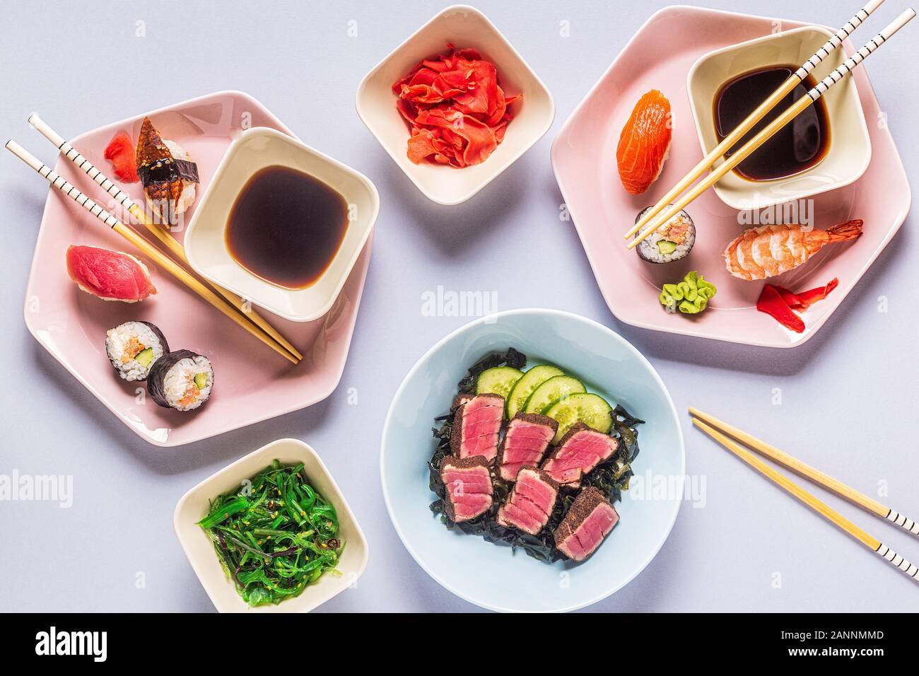 Table with traditional japanese food, top view Stock Photo - Alamy
