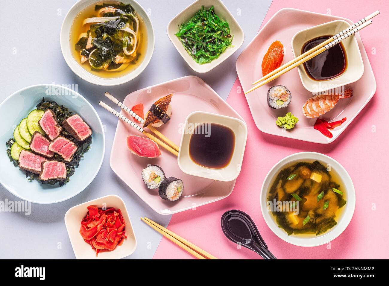 Table with traditional japanese food, top view Stock Photo - Alamy