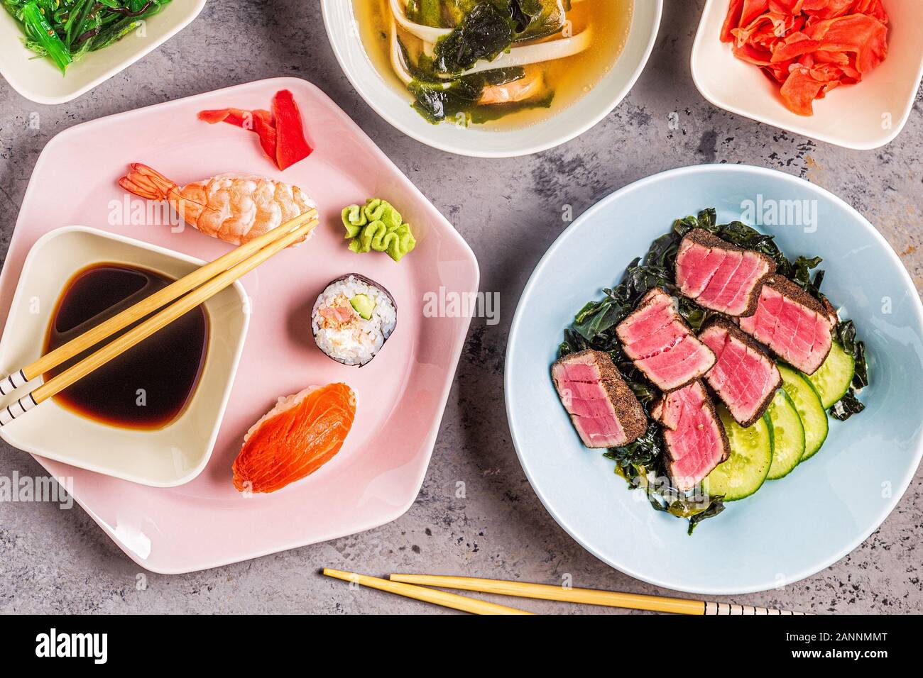 Table with traditional japanese food, top view Stock Photo - Alamy