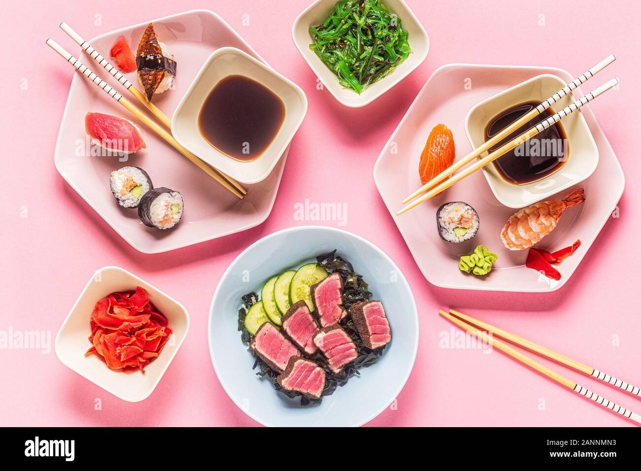 Table with traditional japanese food, top view Stock Photo - Alamy